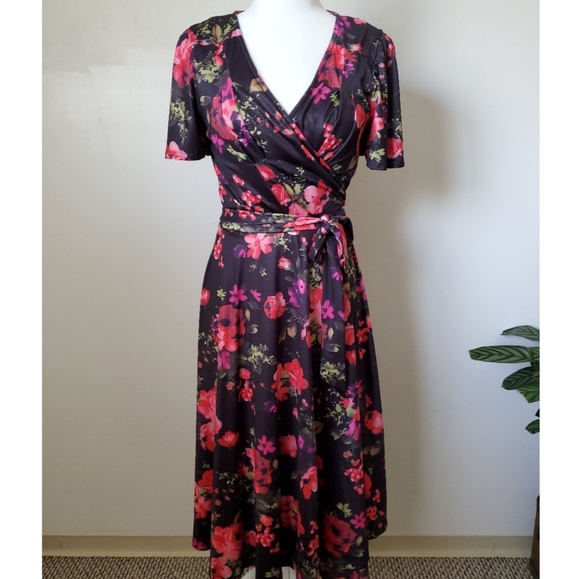 Unique Vintage | Dresses | Black Red Cabbage Rose Print Jennie Wrap ...